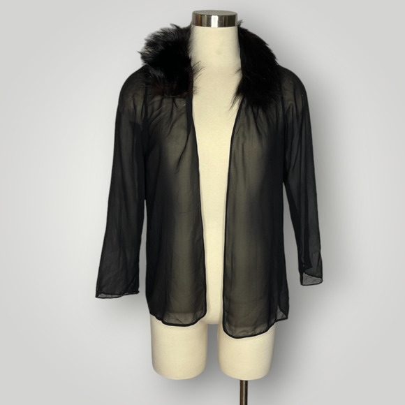 Handmade | Tops | Vintage 93s Sheer Top Open Front Fur Trim Black Long ...